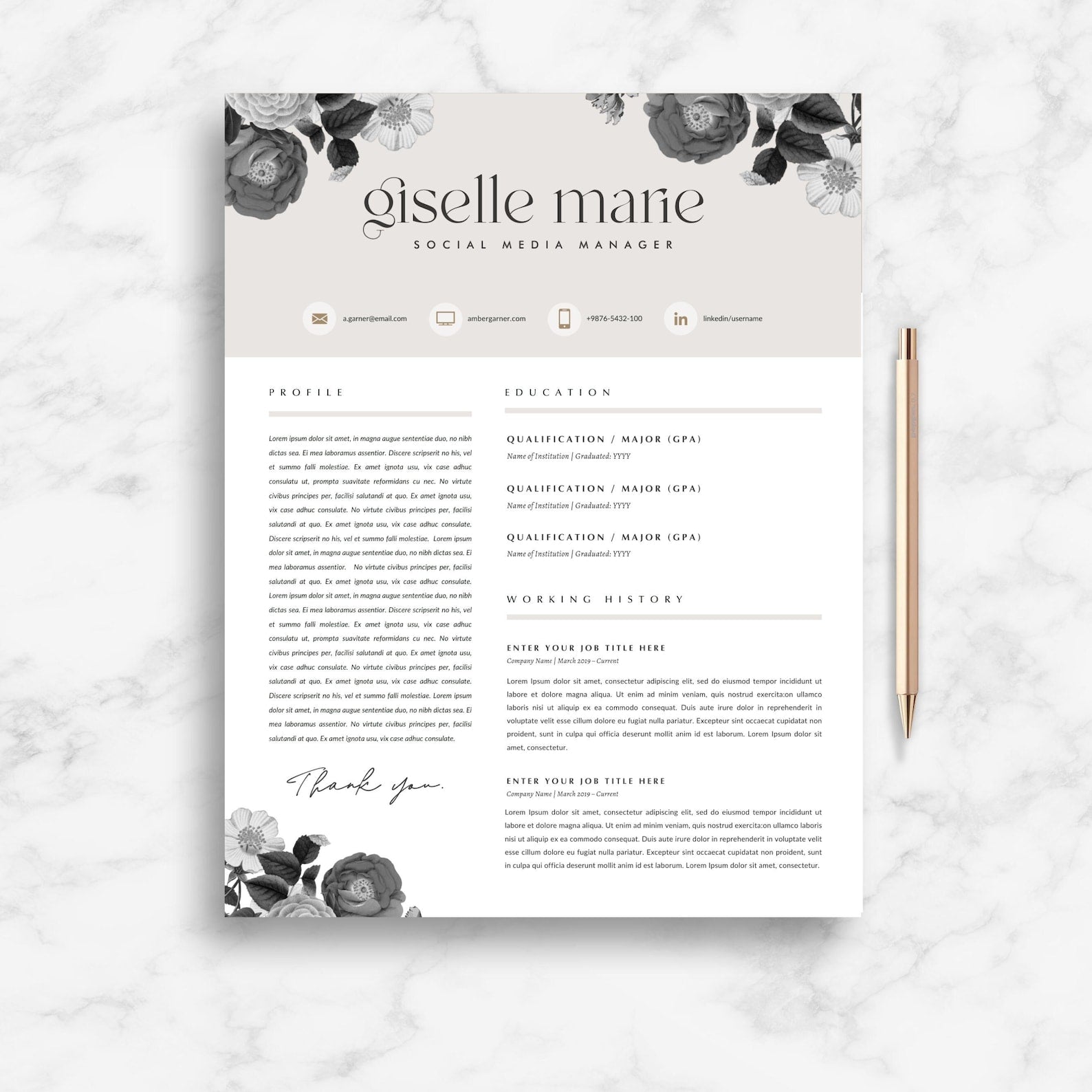 Floral Beige Resume Template for Canva – Career Creative